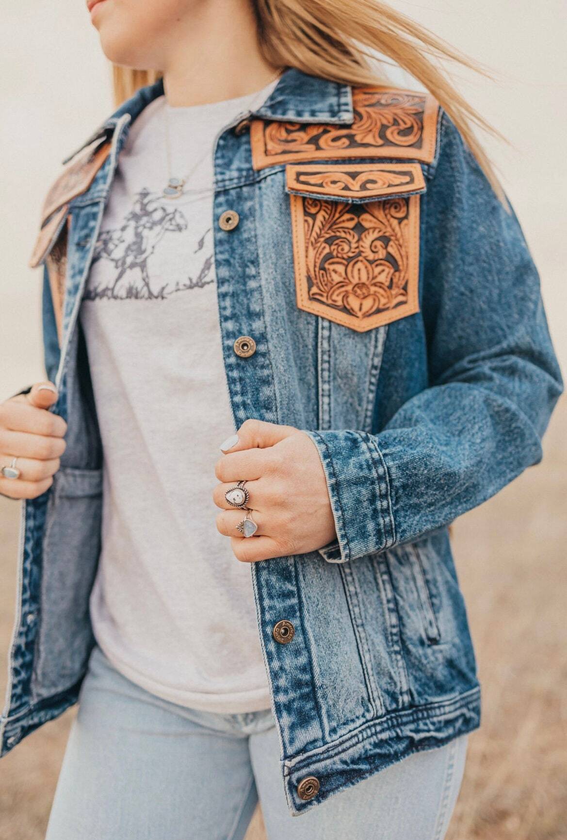 Tooled leather denim jacket | Willow Creek Boutique